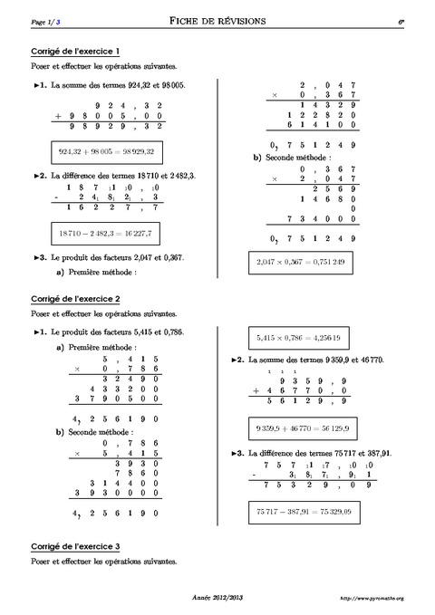 Poser des opérations - 6ème - Exercices corrigés - Mathématiques ...