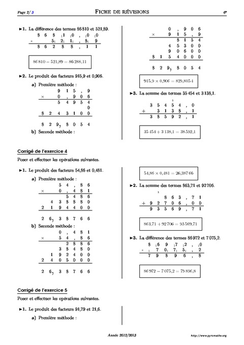 Poser des opérations - 6ème - Exercices corrigés - Mathématiques ...