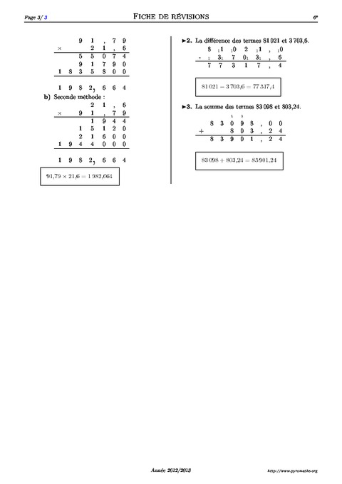 Poser des opérations - 6ème - Exercices corrigés - Mathématiques ...