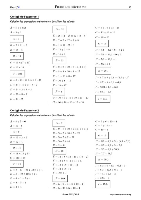 Priorités opératoires - 5ème – Exercices corrigés – Mathématiques ...