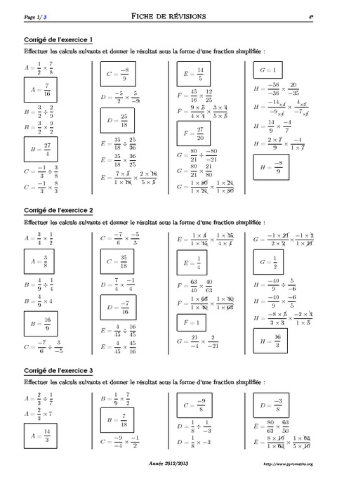 Produits et quotients de fractions - 4ème – Exercices corrigés ...
