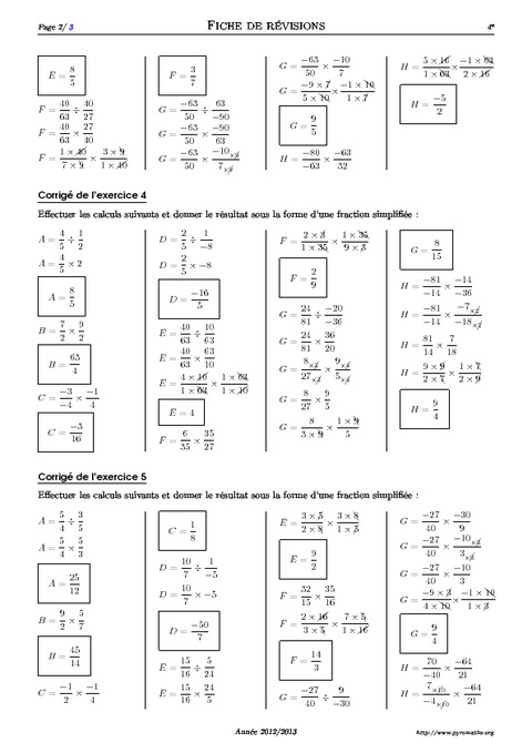 Produits et quotients de fractions - 4ème – Exercices corrigés ...