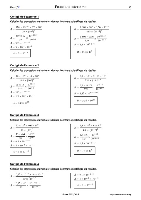 Puissances – 3ème – Exercices corrigés – Mathématiques – Collège ...