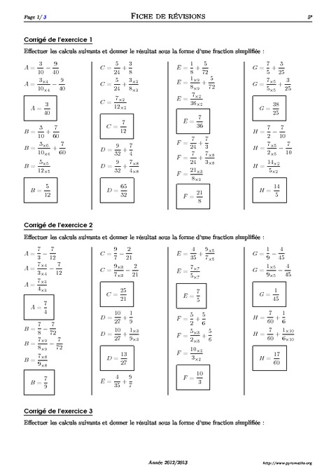 Sommes de fractions - 5ème – Exercices corrigés – Mathématiques ...