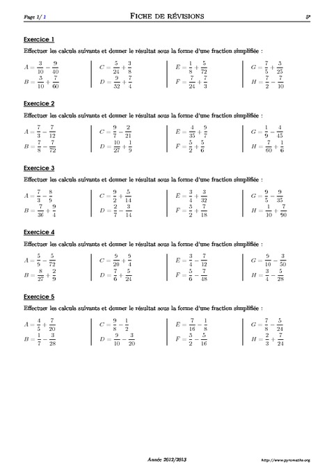 Sommes de fractions - 5ème – Exercices corrigés – Mathématiques ...