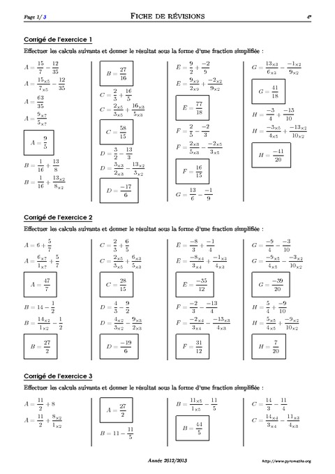 Sommes de fractions - 4ème – Exercices corrigés – Mathématiques ...
