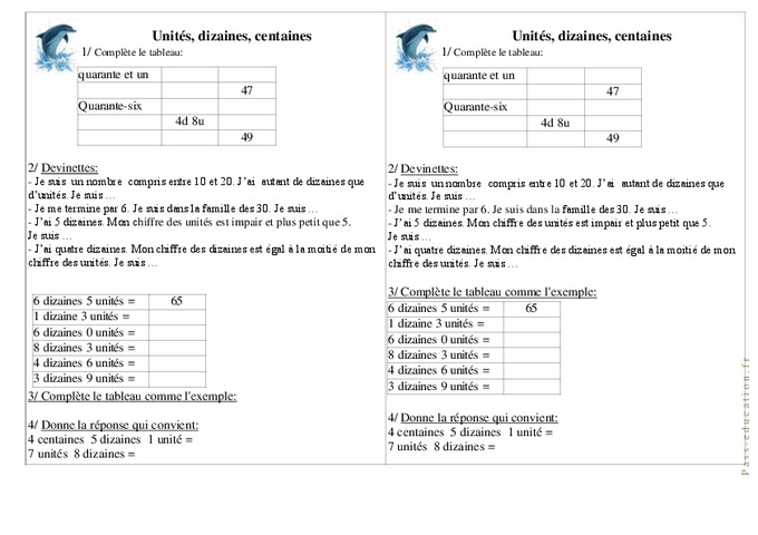 Unités, dizaines, centaines - Ce1 - Exercices - Numération - Cycle 2 ...