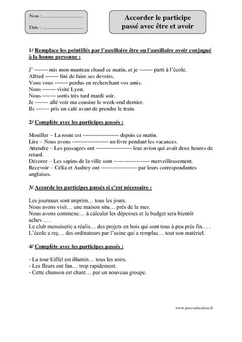 Accorder le participe passé avec être et avoir - Cm1 – Exercices ...