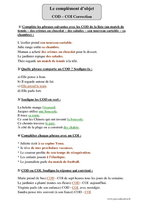 COD - COI - Cm1 - Exercices corrigés - Grammaire - Cycle 3 - Pass Education