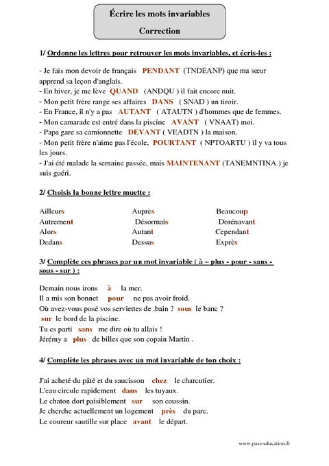 Mots invariables - Cm2 – Exercices corrigés – Orthographe – Cycle 3 ...