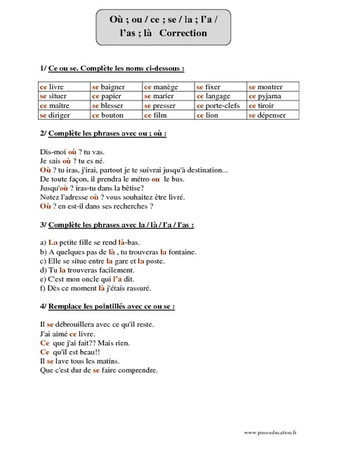 Ou où - ce se - la l'a l'as - Cm1 - Exercices corrigés - Orthographe ...