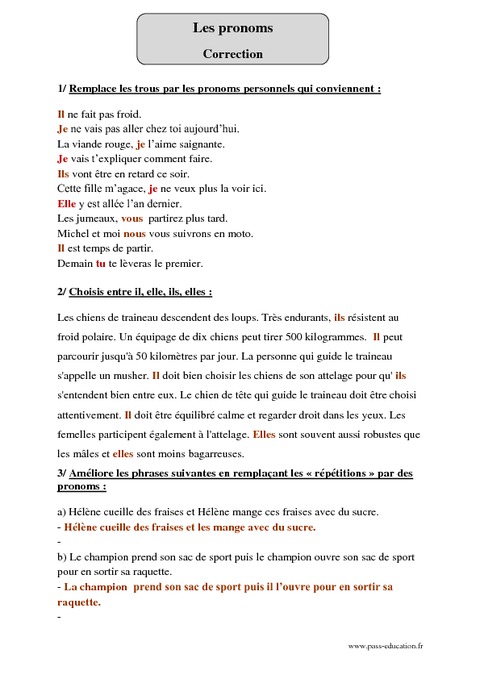 Pronoms – Cm1 – Exercices corrigés – Grammaire – Cycle 3 - Pass Education