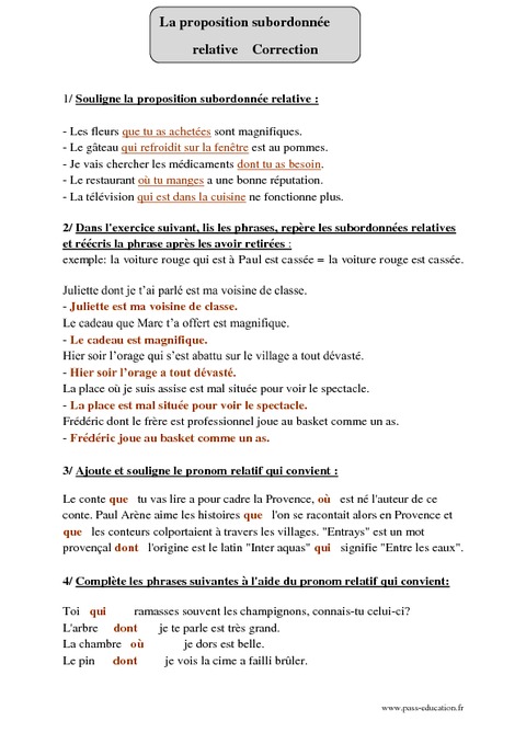Proposition subordonnée relative – Cm1 – Exercices corrigés – Grammaire ...