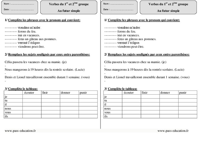 Futur simple - 1er et 2ème groupe - Ce2 - Exercices corrigés - Pass ...