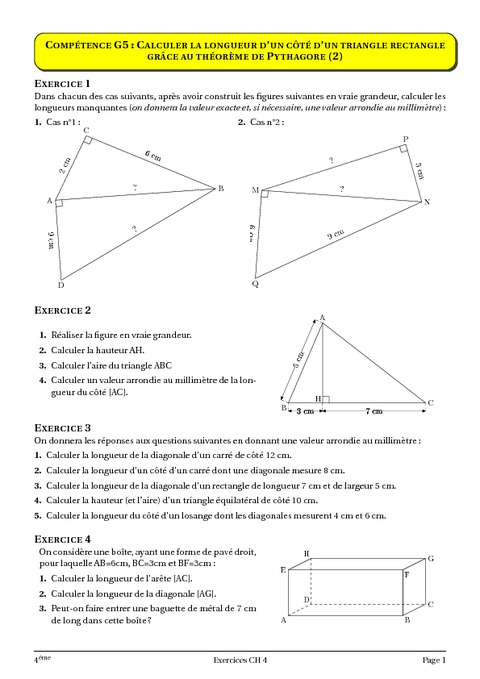 Théorème de Pythagore – 4ème – Géométrie – Cours – Exercices – Collège ...