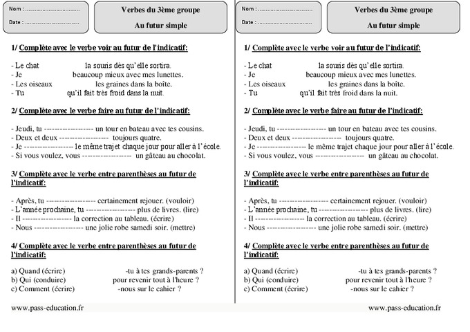 Futur simple - 3ème groupe - Ce2 – Exercices corrigés - Pass Education