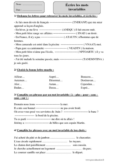 Mots invariables - Cm2 – Exercices corrigés – Orthographe – Cycle 3 ...