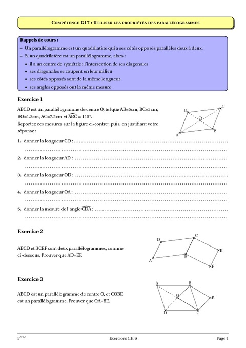 Parallélogrammes – 5ème – Cours – Exercices – Géométrie - Collège ...