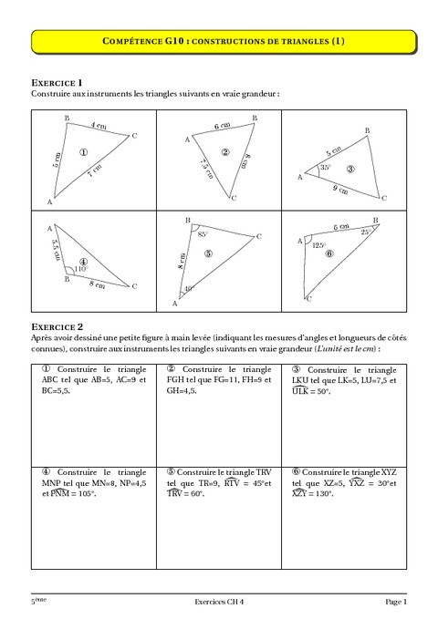 Triangles – 5ème – Cours – Exercices – Géométrie – Collège ...