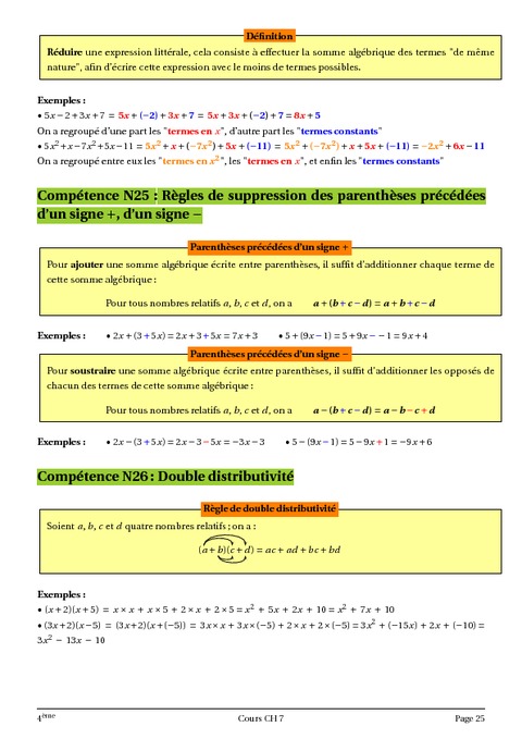 Calcul littéral - Equations – 4ème – Cours – Exercices – Collège ...