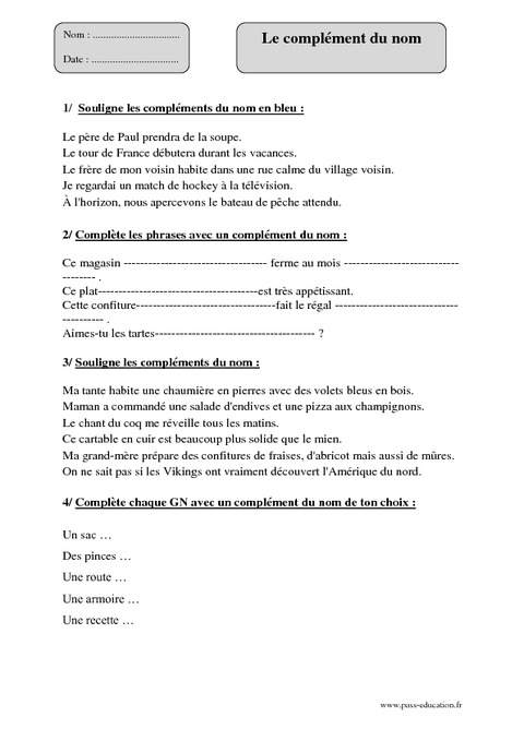 Complément du nom – Cm2 – Exercices corrigés – Grammaire – Cycle 3 ...