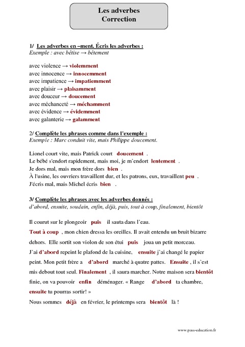 Adverbes – Cm2 – Exercices corrigés – Grammaire – Cycle 3 - Pass Education