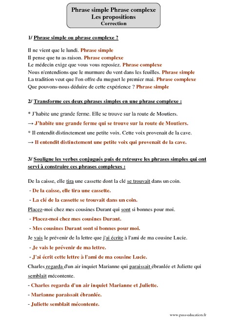 Phrase simple - Phrase complexe - Propositions – Cm2 – Exercices ...
