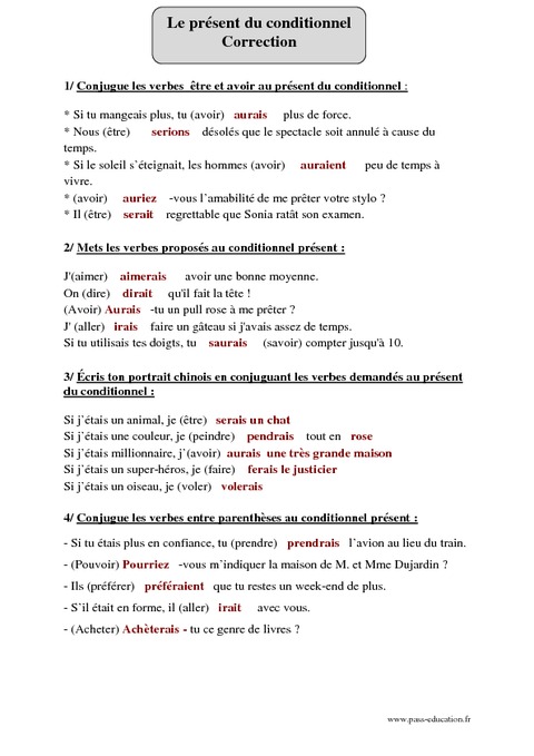 Présent du conditionnel – Cm2 – Exercices corrigés – Conjugaison ...