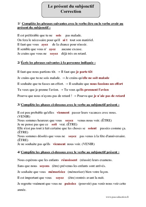 Présent du subjonctif – Cm2 – Exercices corrigés – Conjugaison – Cycle ...