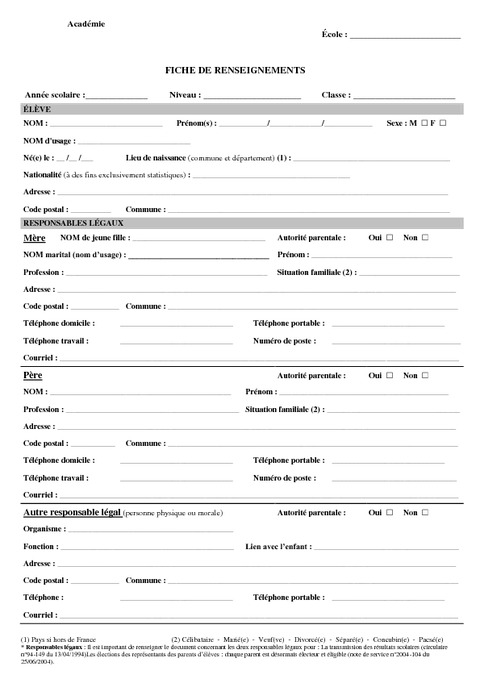 Fiche de renseignements - Rentrée scolaire - Directeurs / Direction d ...