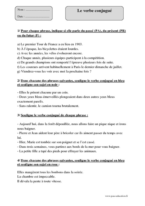 Verbe conjugué – Cm2 – Exercices corrigés – Grammaire – Cycle 3 - Pass ...
