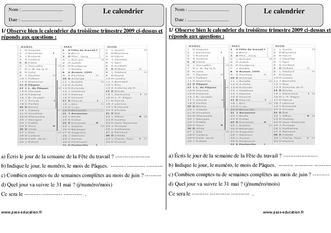 Exercice Sur Le Calendrier Ce1 Pdf | Journal Actuel