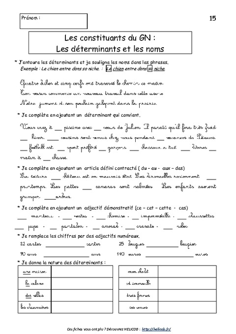 Constituants du GN - Déterminants - Noms - Cm1 - Cm2 - Exercices - Pass ...