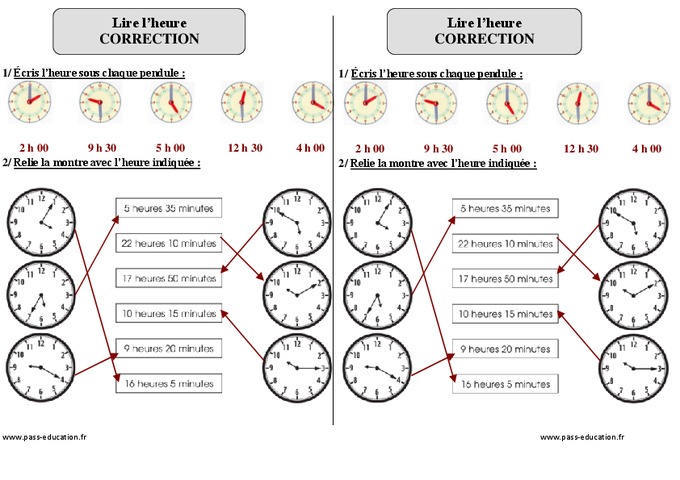 Lire l'heure – Ce1 – Exercices corrigés – Mesures – Mathématiques ...