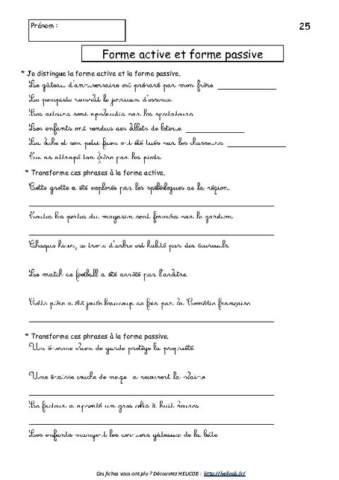 Forme active - Forme passive - Cm1 - Cm2 - Exercices corrigés - Pass ...