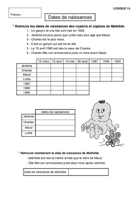 Problèmes de logique – Cm1 – Mathématiques – Exercices et correction ...