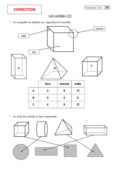 Solides – Ce1 – Exercices corrigés – Géométrie – Cycle 2 - Pass Education