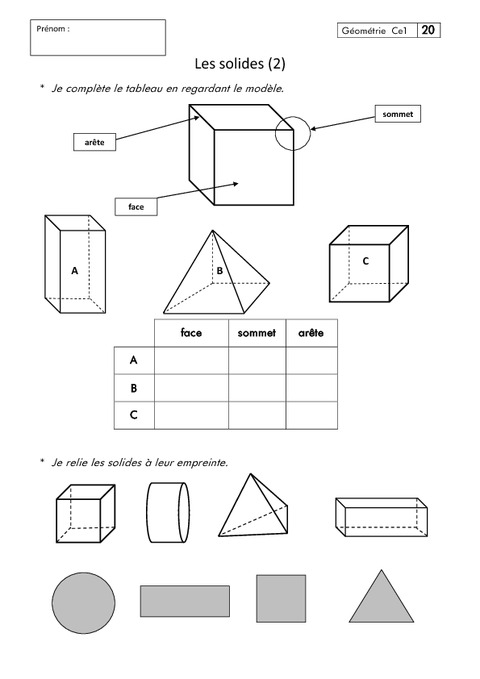Solides – Ce1 – Exercices corrigés – Géométrie – Cycle 2 - Pass Education