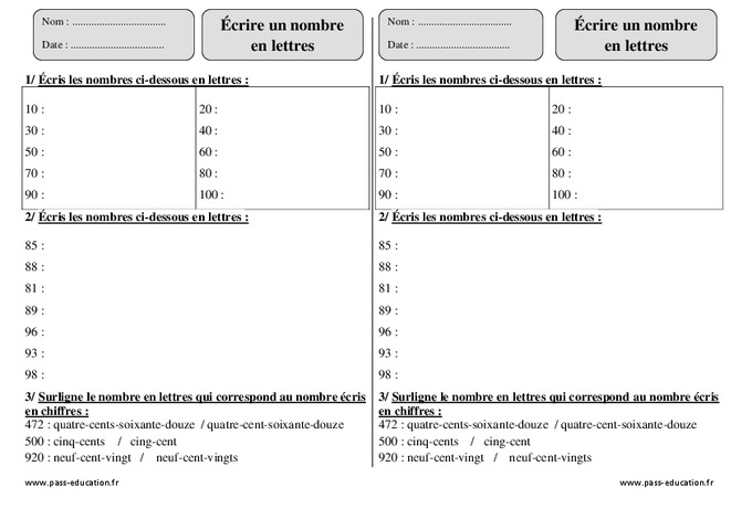 Écrire un nombre en lettres – Ce2 – Exercices corrigés - Pass Education