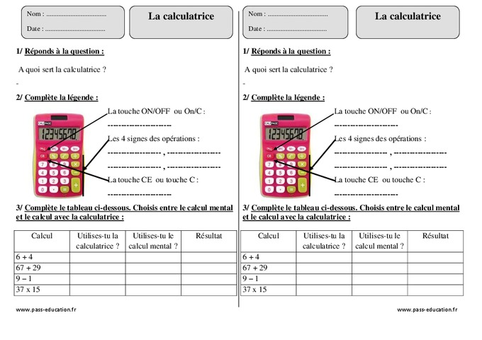 Calculatrice – Ce2 – Exercices à imprimer - Pass Education