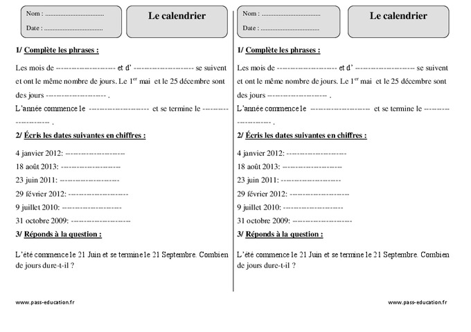 Jours, semaines, mois, année - Ce2 - Exercices corrigés sur le ...