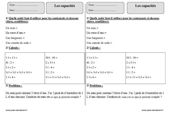 Capacités – Ce2 – Exercices corrigés - Contenance, litre - Pass Education