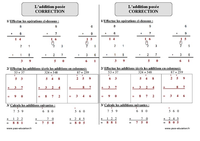 Addition posée – Ce2 – Exercices corrigés - Pass Education