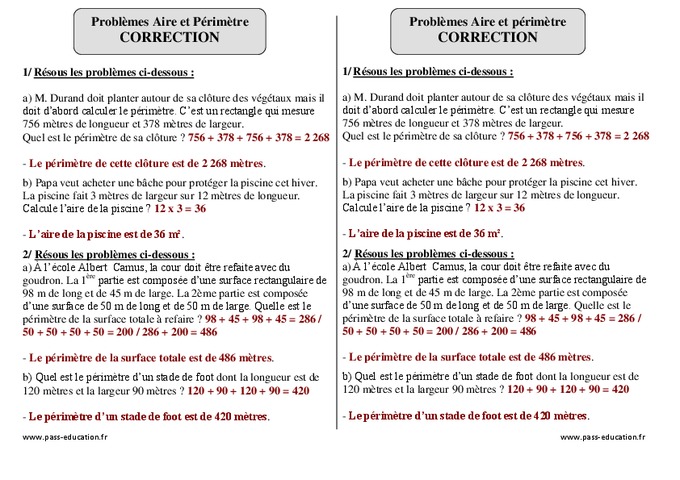 Aire et périmètre – Ce2 – Problèmes – Exercices corrigés ...