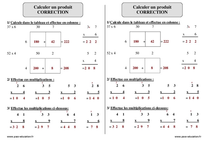 Calculer un produit – Ce2 – Exercices corrigés - Pass Education