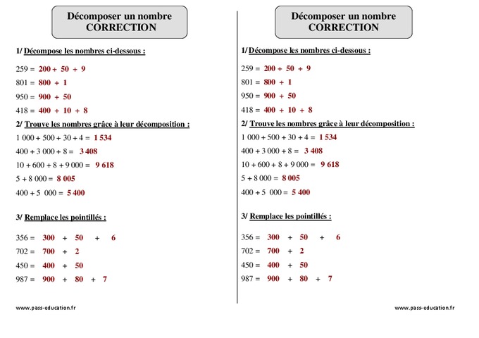 Décomposer un nombre – Ce2 – Exercices avec correction - Pass Education