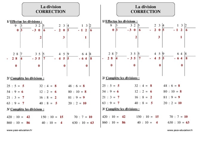 Division – Ce2 – Exercices corrigés - Pass Education