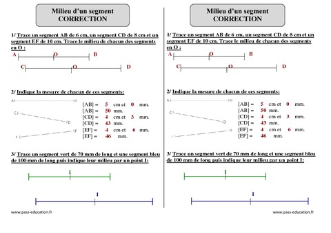 Milieu d’un segment – Ce2 – Exercices corrigés – Géométrie - Pass Education