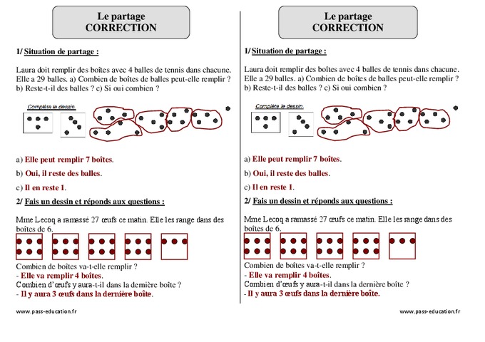 Partage – Ce2 – Exercices corrigés – Calcul - Pass Education