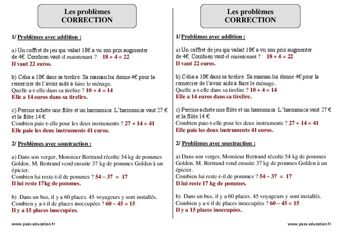 Problèmes – Ce2 – Exercices corrigés – Calcul – Mathématiques – Cycle 3 ...